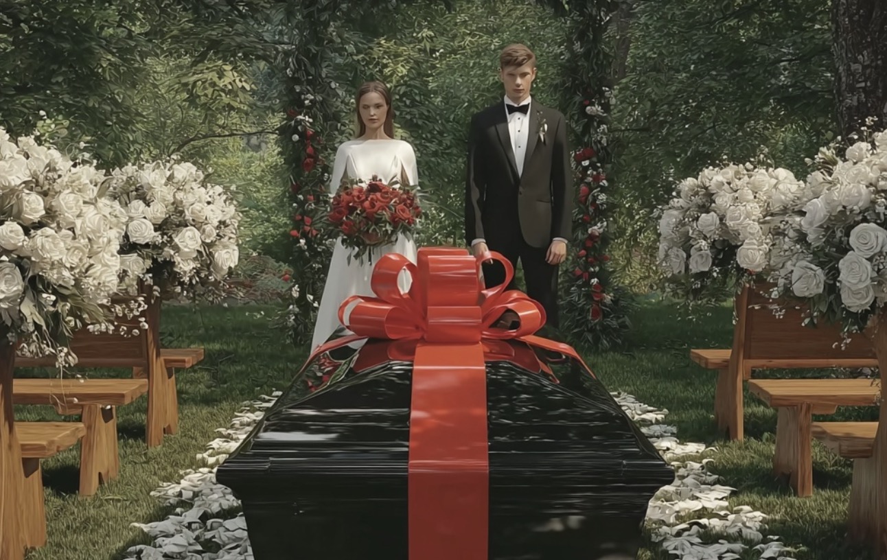 At our ceremony, someone rolled out a coffin adorned with a bow ...